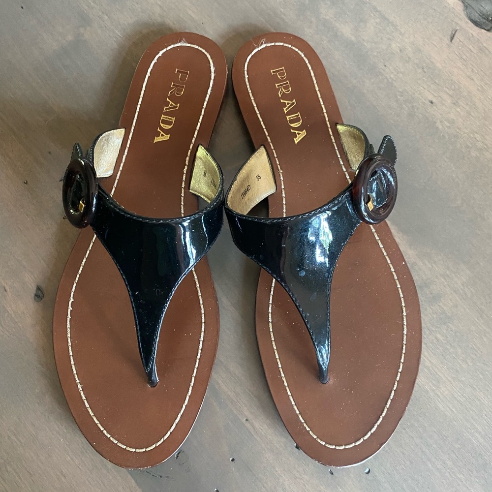 Prada Vintage Black Patent Leather Thong Sandals - Gem